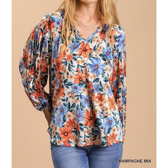 Umgee | Tops | New Umgee Fall Floral Ruffle Split Neck Top In Multi ...